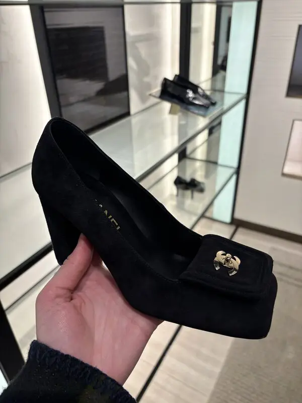 Chanel Suede Calfskin Block Heel Pumps - Black