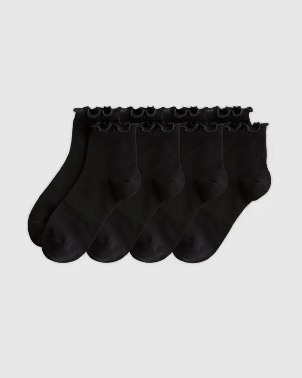 Quince Cotton Ruffle Quarter Crew Sock 4-pack - Black