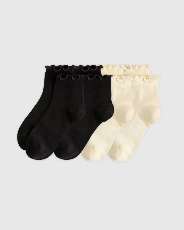 Quince Cotton Ruffle Quarter Crew Sock 4-pack - Black/cream