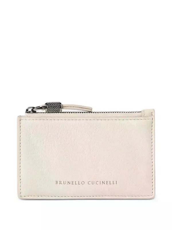 Brunello Cucinelli Grained Leather Card Case With Shiny Zipper Pull - Neutrals