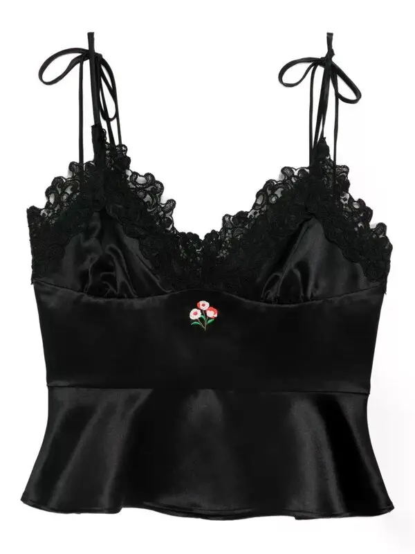 Cynthia Rowley Satin Lace Peplum Top - Black