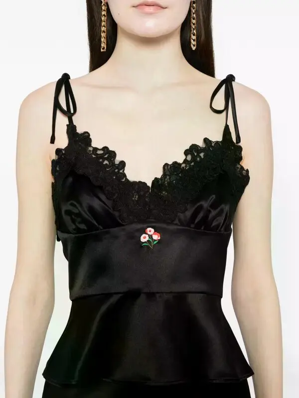 Cynthia Rowley Satin Lace Peplum Top - Black