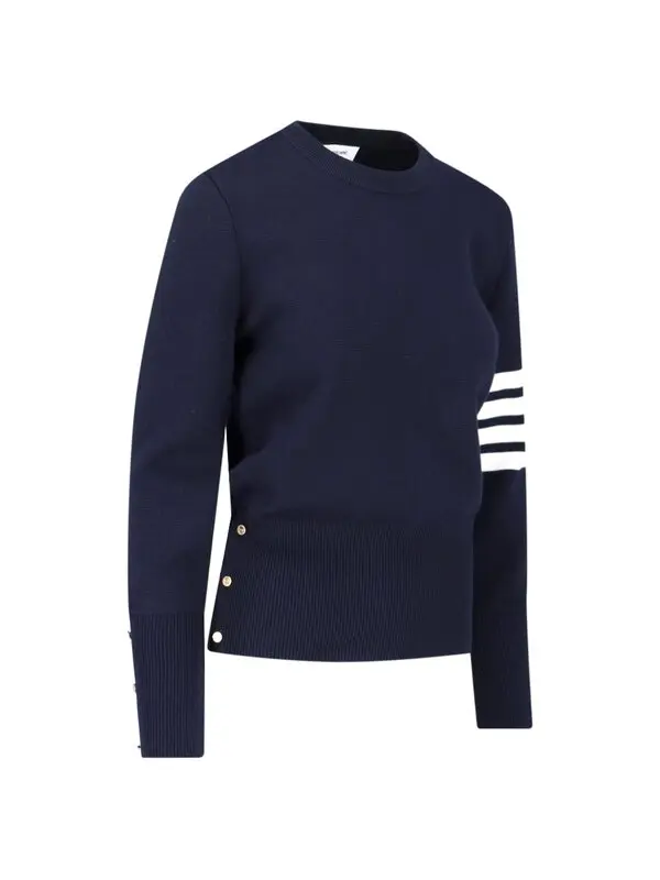 Thom Browne 4-bar Crew Neck Sweater With Button Cuffs - Blue