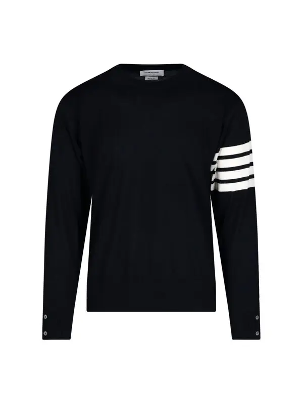 Thom Browne 4-bar Crew Neck Sweater With Button Cuffs - Blue