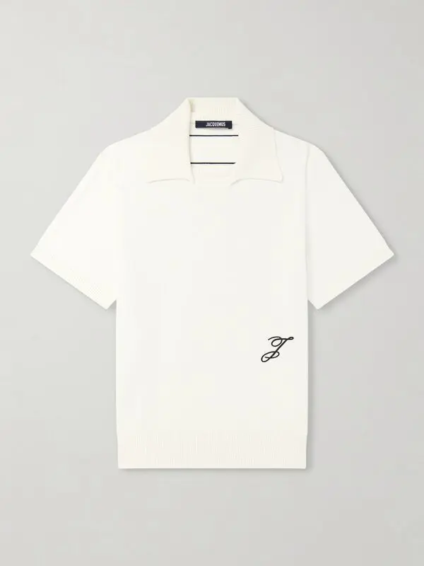 Jacquemus Logo-embroidered Knitted Cotton And Silk-blend Polo Shirt - Neutrals