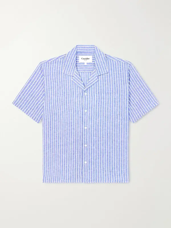 CORRIDOR Camp-collar Striped Linen And Cotton-blend Shirt - Blue