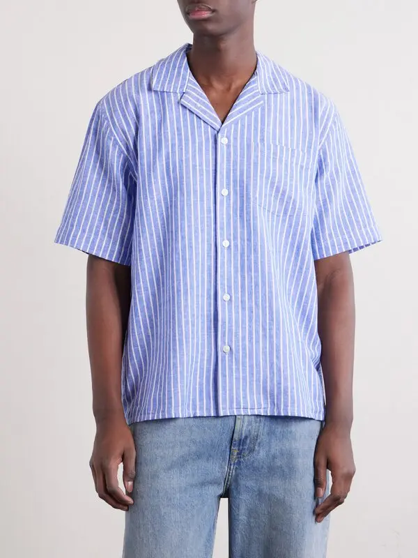 CORRIDOR Camp-collar Striped Linen And Cotton-blend Shirt - Blue