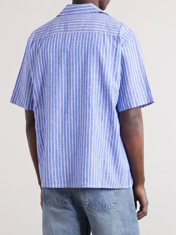CORRIDOR Camp-collar Striped Linen And Cotton-blend Shirt - Blue