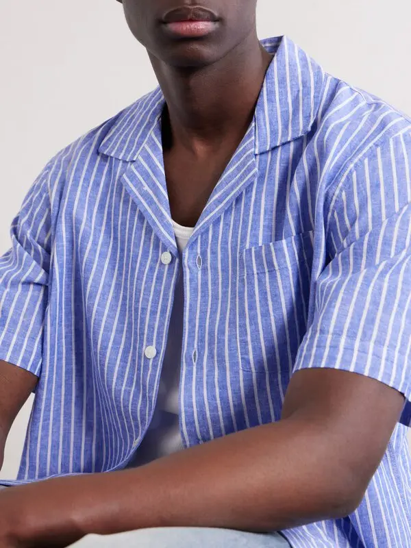 CORRIDOR Camp-collar Striped Linen And Cotton-blend Shirt - Blue
