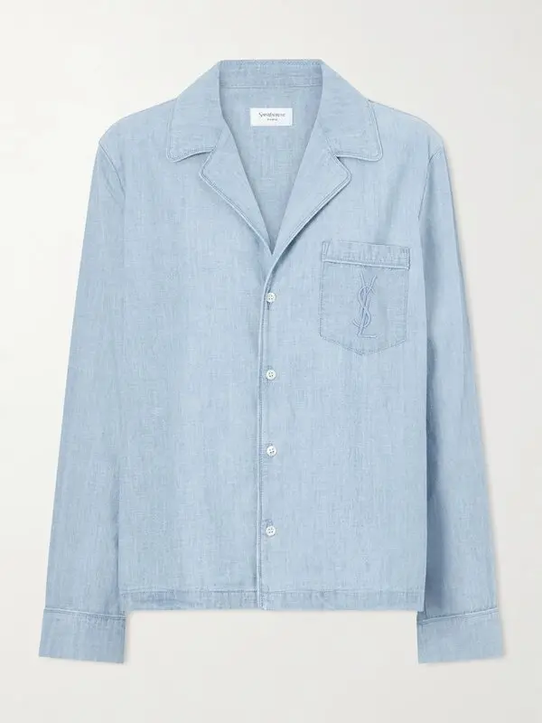 Saint Laurent Cassandre Logo-embroidered Cotton-chambray Shirt