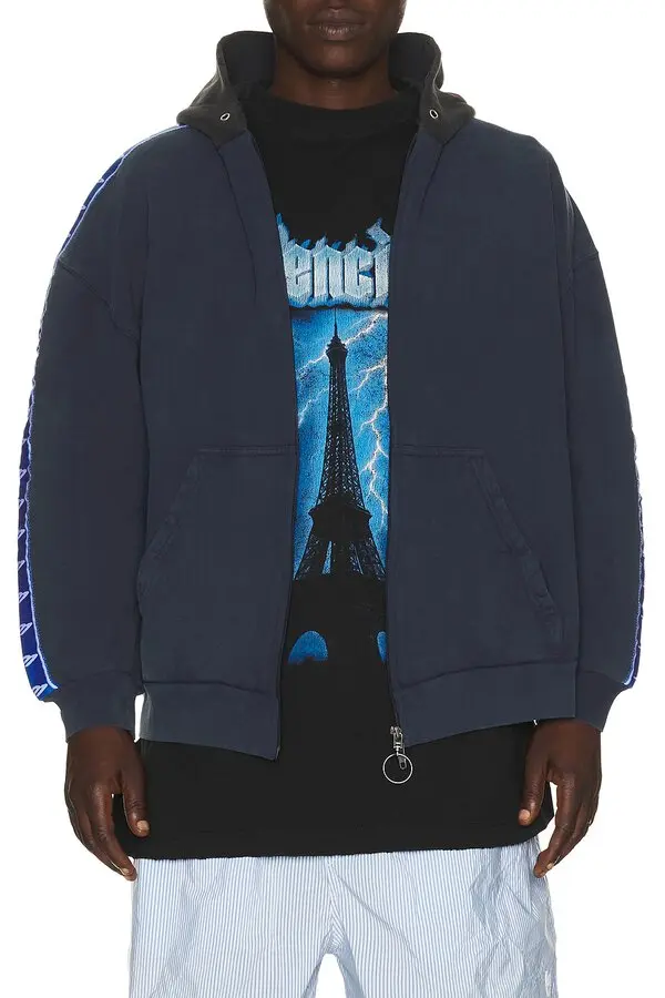 Balenciaga Patched Zip Up Hoodie - Wash Navy & Wash Black