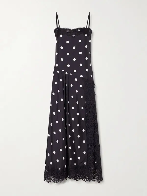 Sportmax Polka-dot Silk Maxi Dress With Lace Trim - Black