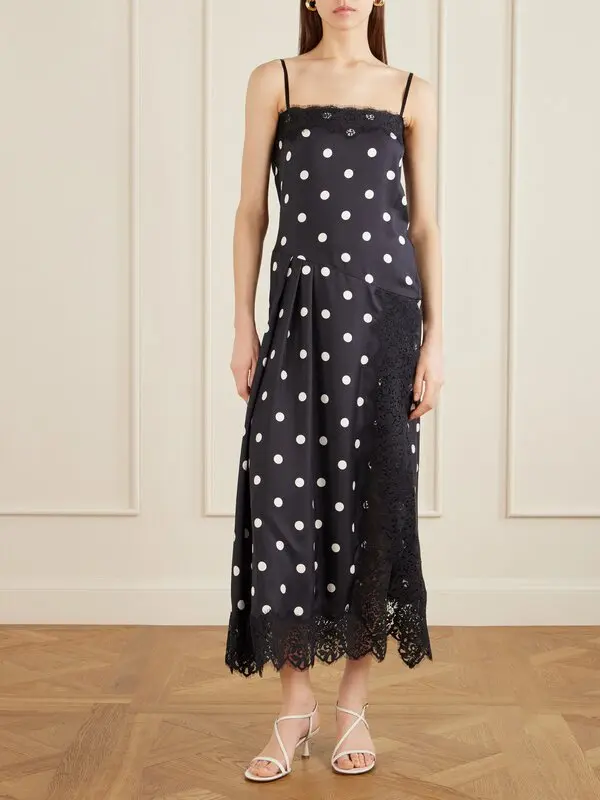 Sportmax Polka-dot Silk Maxi Dress With Lace Trim - Black