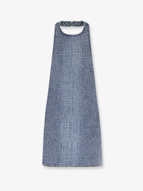 SELF-PORTRAIT Rhinestone Croc-effect Denim Dress