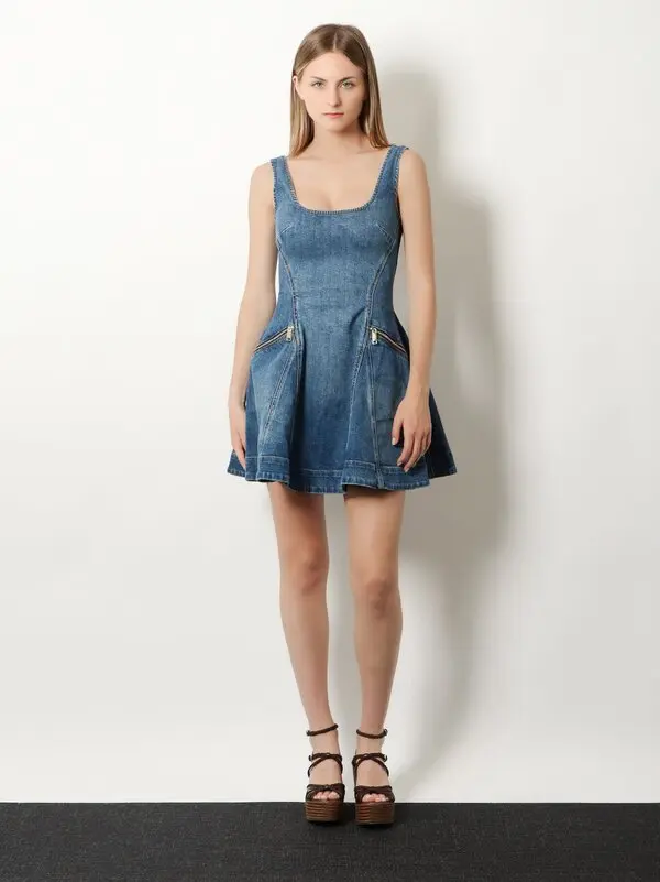 SELF-PORTRAIT Flared Denim Mini Dress