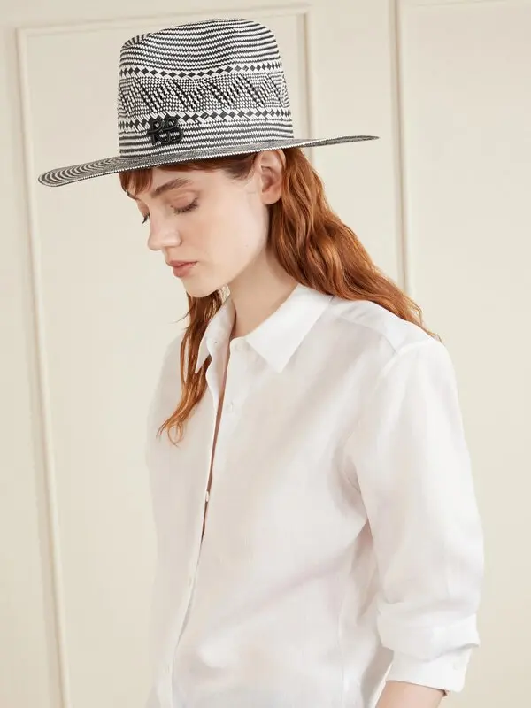 Ruslan Baginskiy Striped Straw Fedora - Black