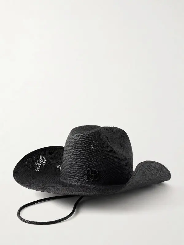 Ruslan Baginskiy Cowboy Distressed Leather-trimmed Embroidered Straw Hat - Black
