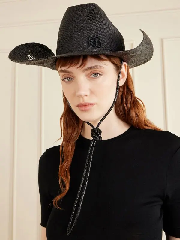 Ruslan Baginskiy Cowboy Distressed Leather-trimmed Embroidered Straw Hat - Black
