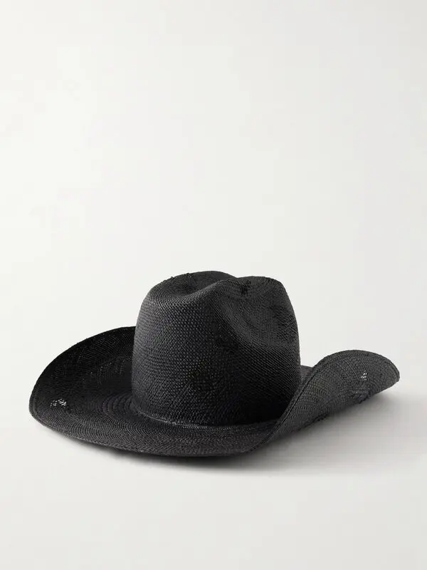 Ruslan Baginskiy Cowboy Distressed Leather-trimmed Embroidered Straw Hat - Black