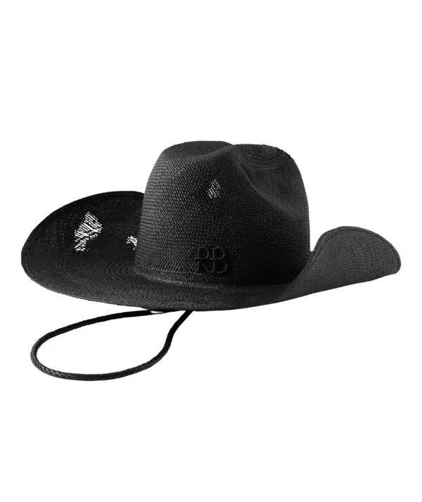 Ruslan Baginskiy Cowboy Distressed Leather-trimmed Embroidered Straw Hat - Black