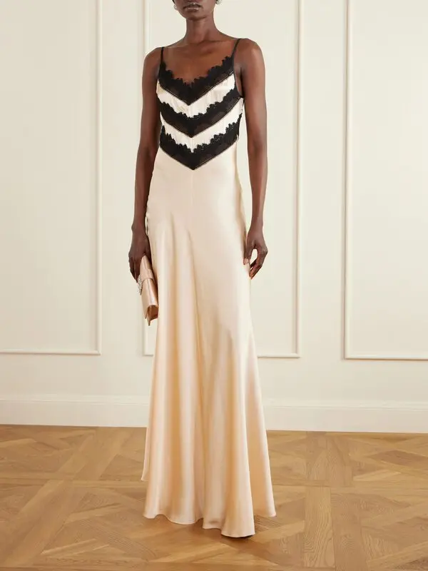 RODARTE Lace-trimmed Silk Gown - Neutrals