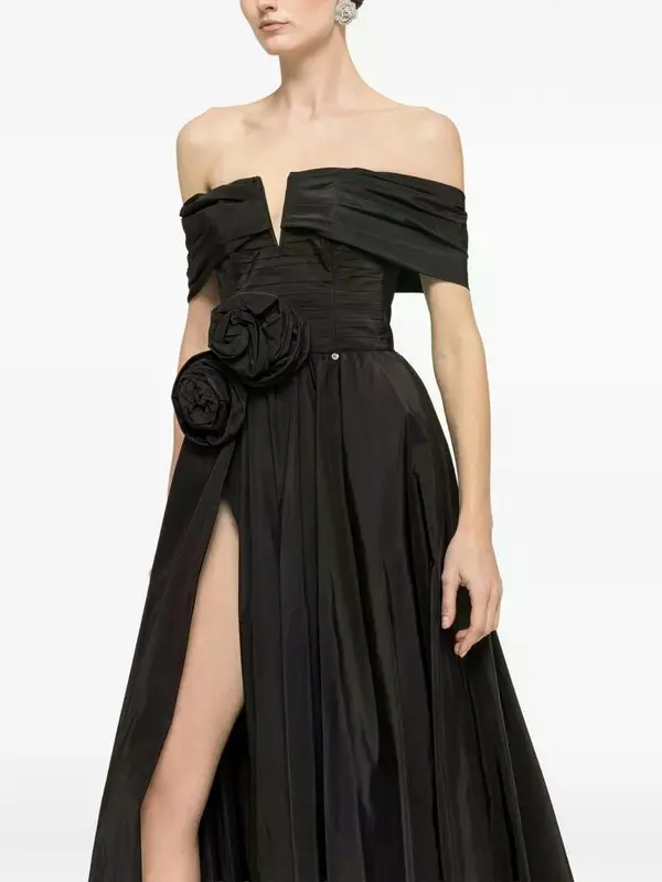 NISSA Floral-appliqué Taffeta Maxi Dress - Black