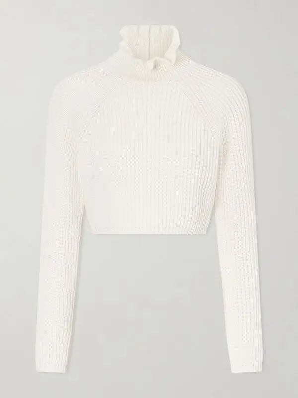 Max Mara Campo Ruffled Ribbed-knit Cotton Sweater - White