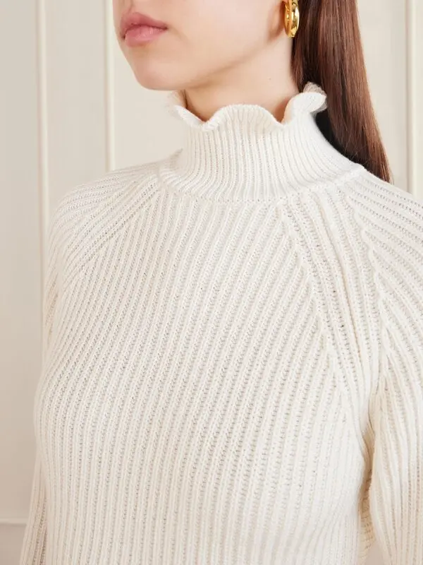 Max Mara Campo Ruffled Ribbed-knit Cotton Sweater - White