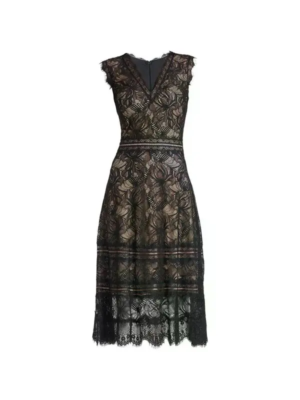 Tadashi Shoji Lace V-neck Tea Length Dress - Black