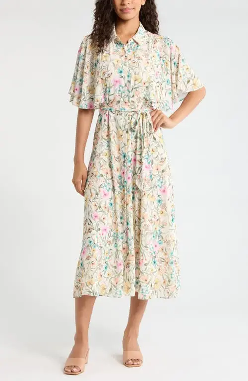 Vince Camuto Printed Flutter Sleeve Maxi Dress - Antique White