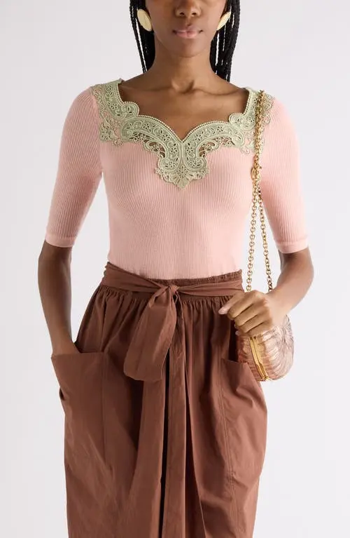 Chloé Lace Trim Ribbed Wool Sweater - Tender Pink