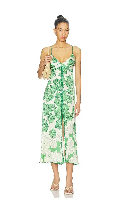Poupette St Barth Denise Long Dress In Green,cream - Green Flower Bunch