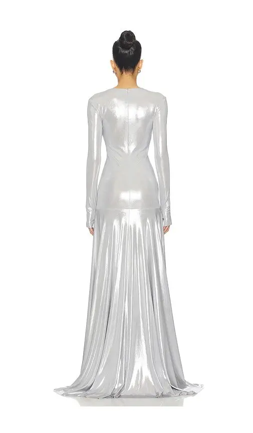 Norma Kamali Long Sleeve V-neck Shirred Front Flared Gown In Metallic