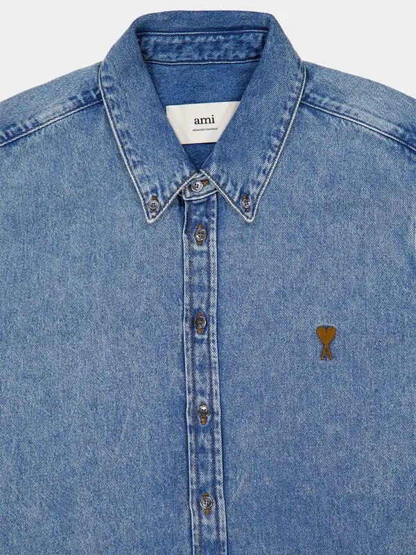 AMI Paris Used Cotton Button-down De Coeur Shirt - Blue