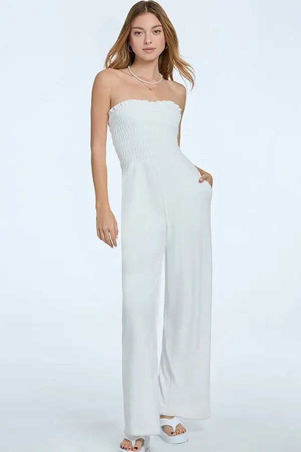 Juicy Couture Smocked Velour Jumpsuit - Cream Soda