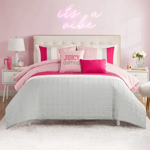 Juicy Couture Color Blocked Comforter Set - Pink/white/grey