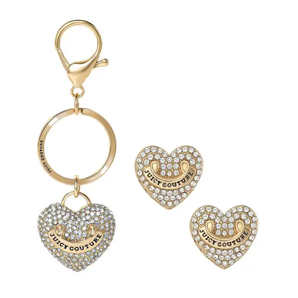 Juicy Couture Gold-tone Pave Heart Keychain And Earrings Set - Goldtone