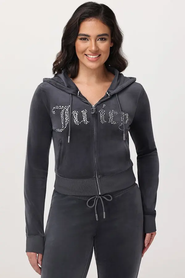 Juicy Couture Mixed Crystals Velour Hoodie - Titanium