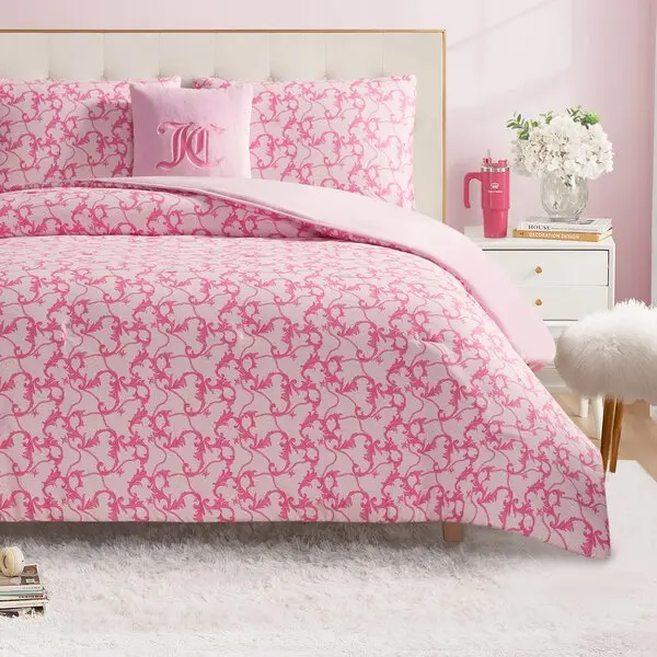 Juicy Couture Solid Plush Reversible Cheetah Bows Comforter Set - Pink/gothic Leopard