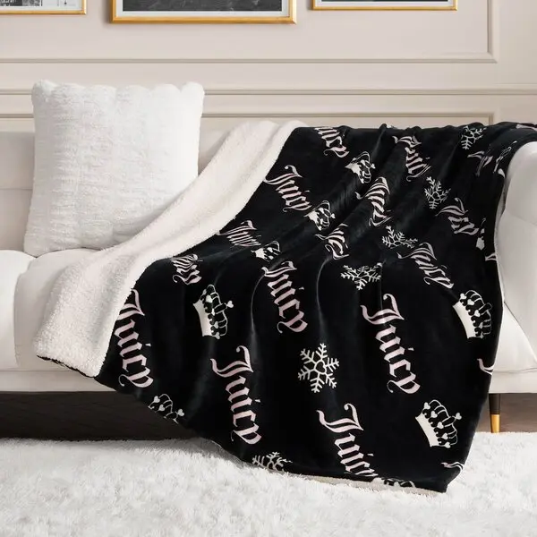 Juicy Couture Plush Reversible Sherpa Throw Blanket - Black Diagonal