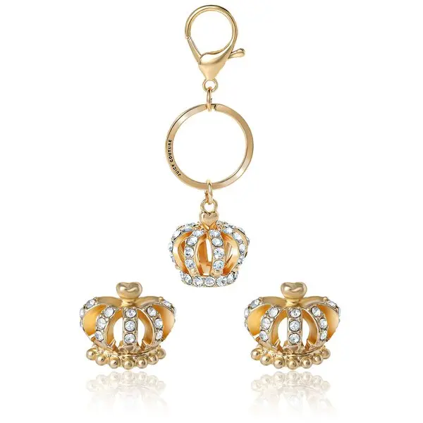 Juicy Couture Gold-tone Crystal Crown Keychain And Earring Set - Goldtone