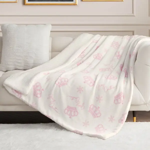 Juicy Couture Plush Reversible Sherpa Throw Blanket - White Snowflake Script