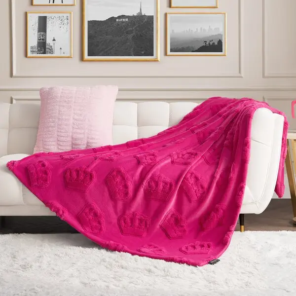 Juicy Couture 3d Faux Fur Throw Blanket - Hot Pink Crowns