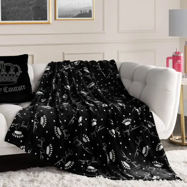 Juicy Couture Plush Throw Blanket - Crown Script Black