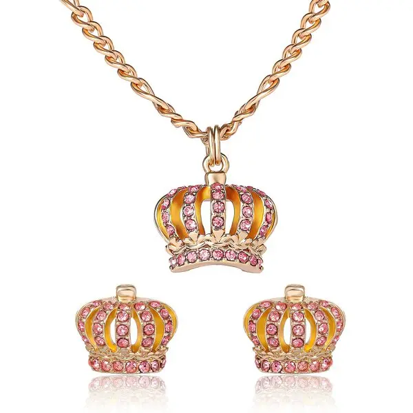 Juicy Couture Pink Crystal Crown Pendant Necklace & Stud Earrings Set - Goldtone