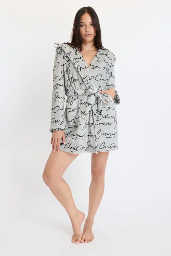 Juicy Couture Hooded Luxe Plush Robe - Heather Jc Script
