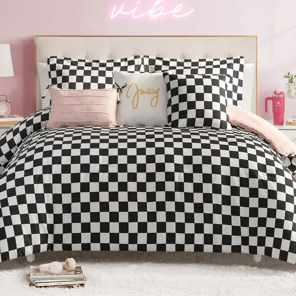 Juicy Couture Checkerboard Reversible Comforter Set - Black/white