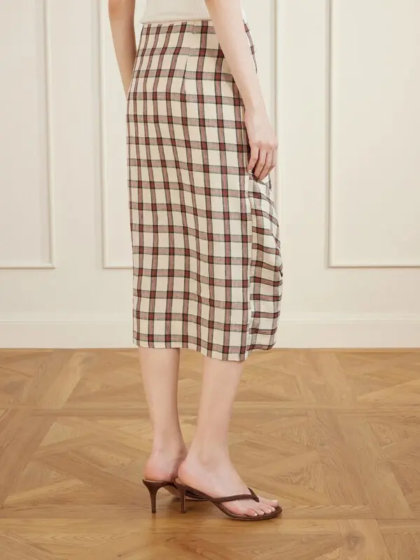 RÓHE Checked Linen Midi Skirt With Draped Detail - Brown