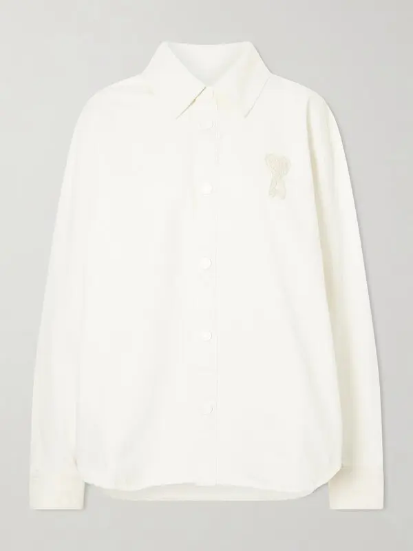 AMI Paris Embroidered Cotton Overshirt - Neutrals