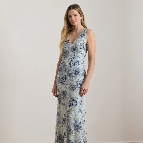 Ralph Lauren Floral Beaded Tulle Gown - Blue Multi